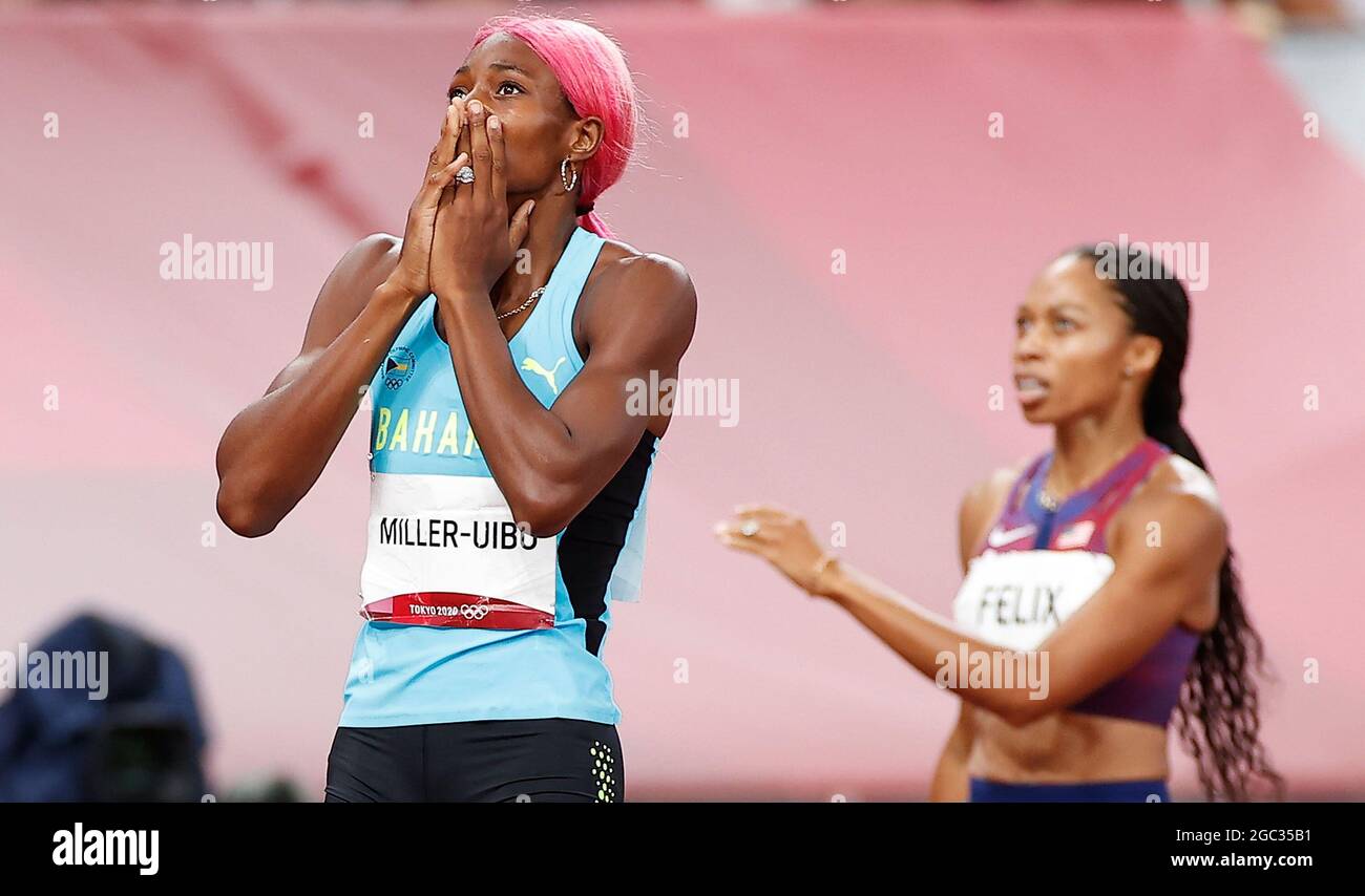 Tokyo, Japan. 6th Aug, 2021. Shaunae Miller-Uibo of Bahamas celebrates ...