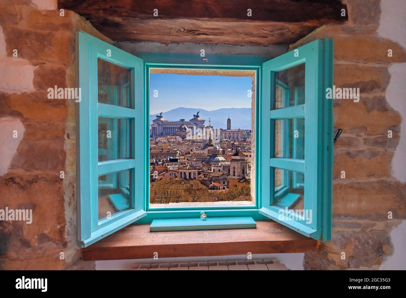 Eternal city of Rome landmarks an rooftops skyline view through window, capital of Italy Stock ...