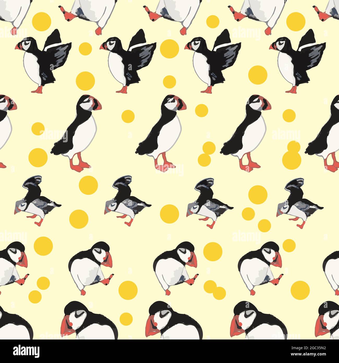 Vector yellow background ocean seabird, arctic birds, puffins. Seamless ...