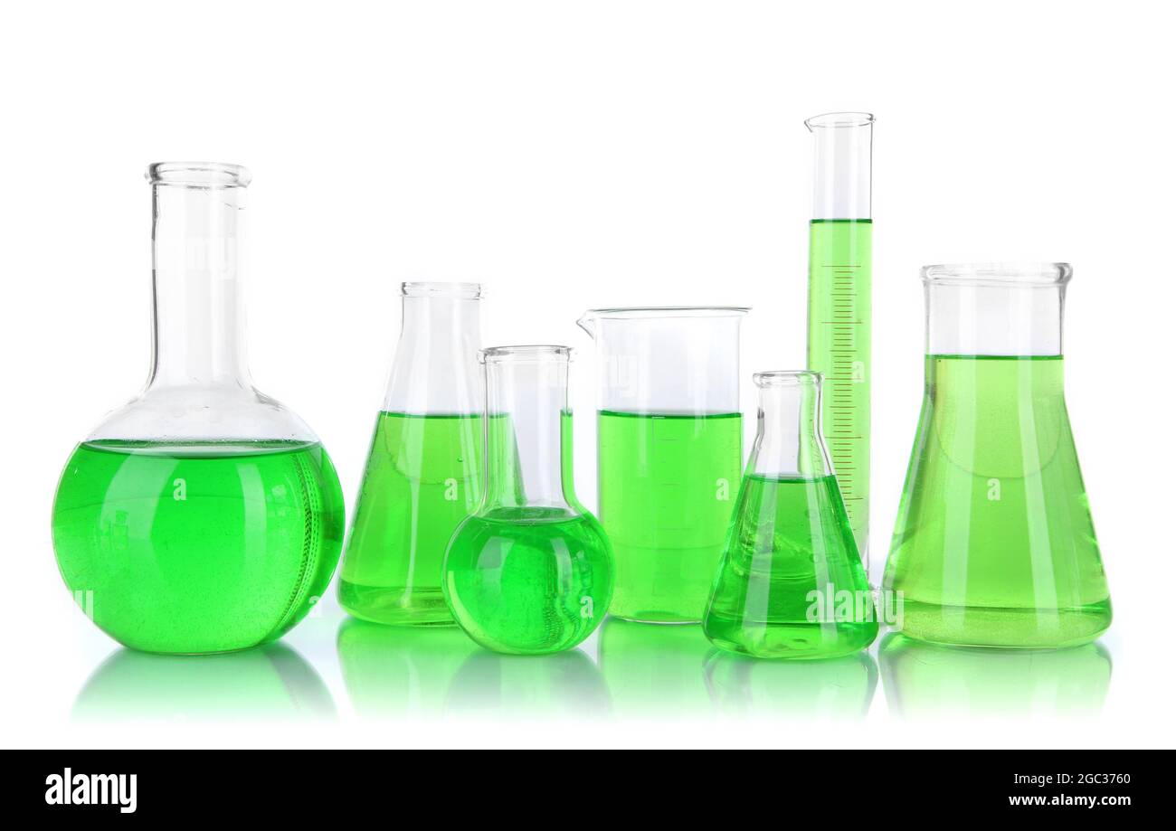 Test-tubes with green liquid isolated on white Stock Photo - Alamy