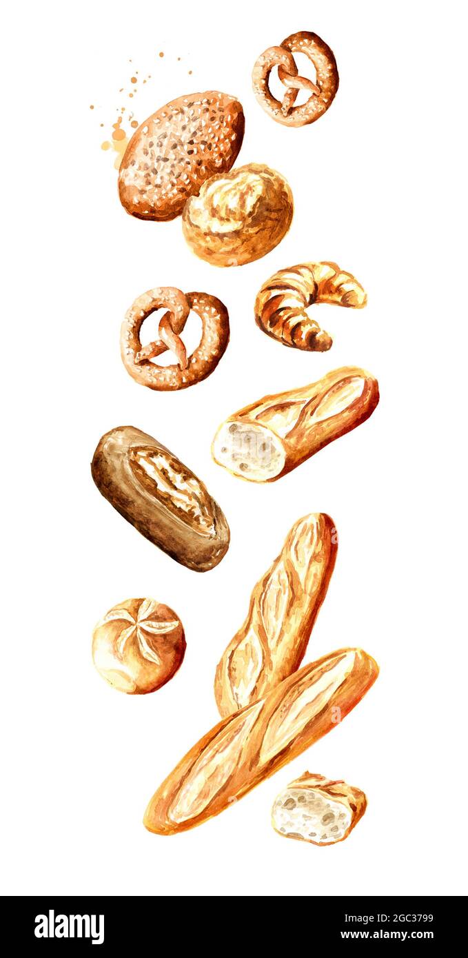 Falling Fresh pastries. Hand drawn watercolor illustration isolated on ...
