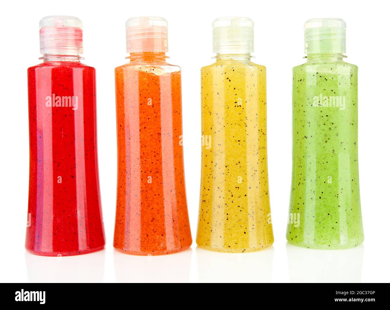 Bottles with scrub isolated on white Stock Photo - Alamy