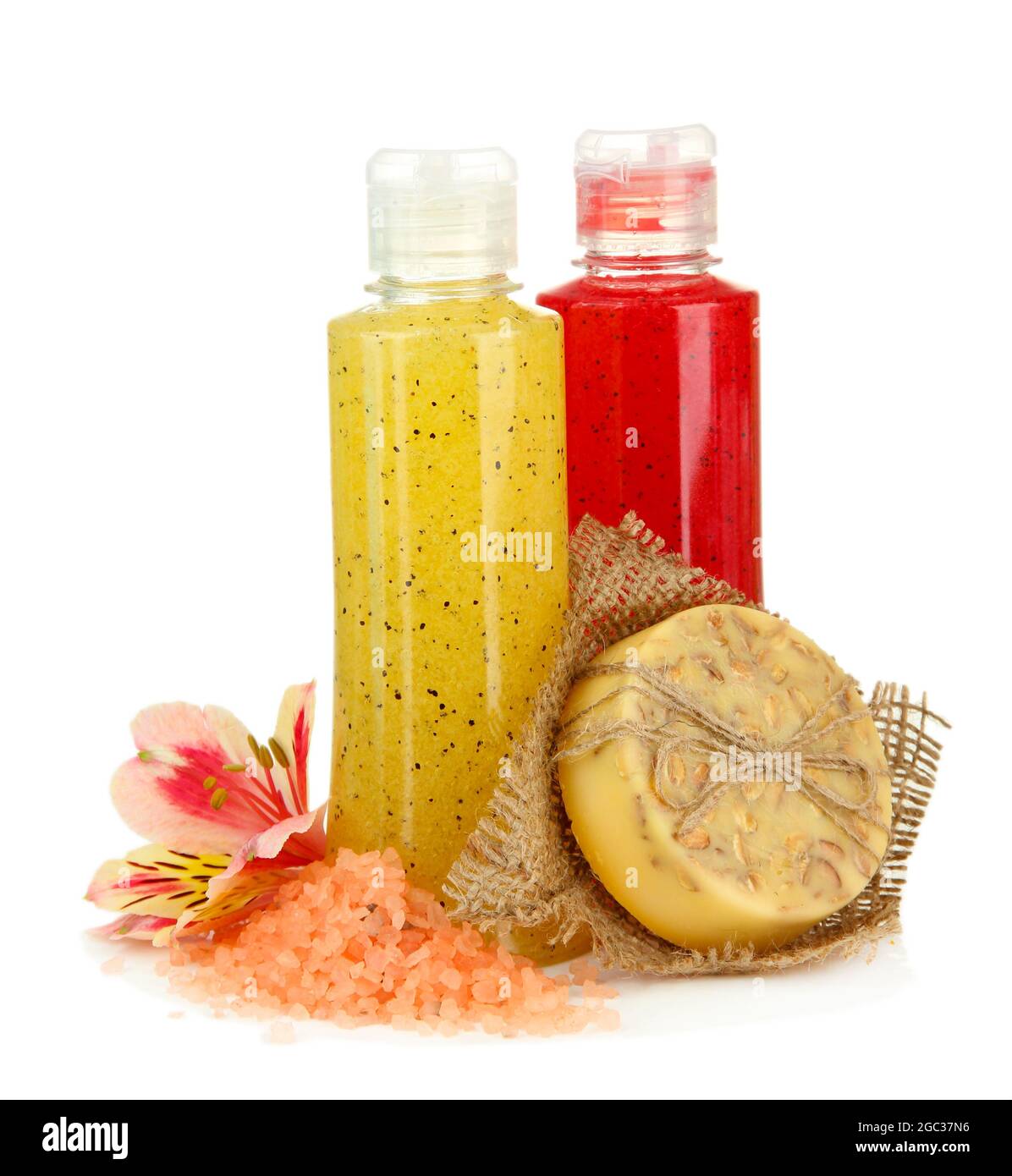 Bottles with scrub and hand-made soap, isolated on white Stock Photo ...