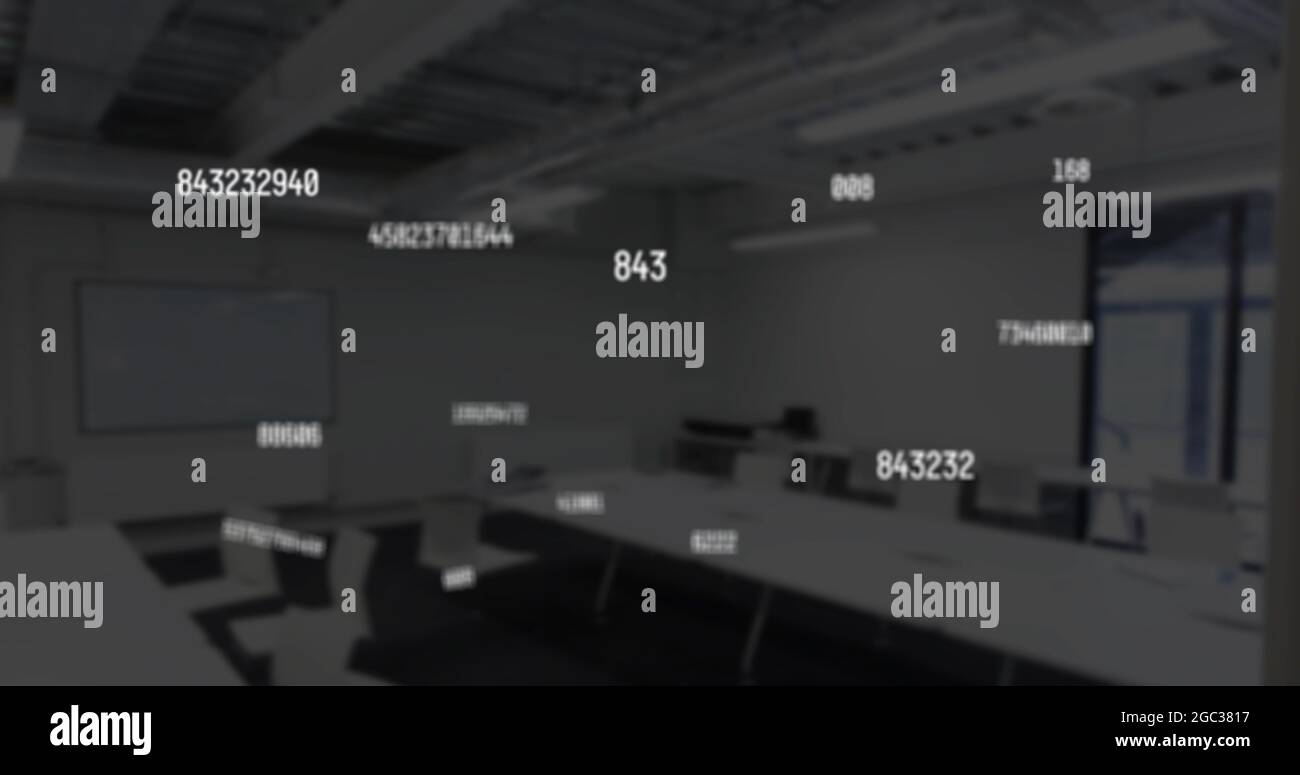Digital composition of multiple changing numbers floating against empty office in background ...