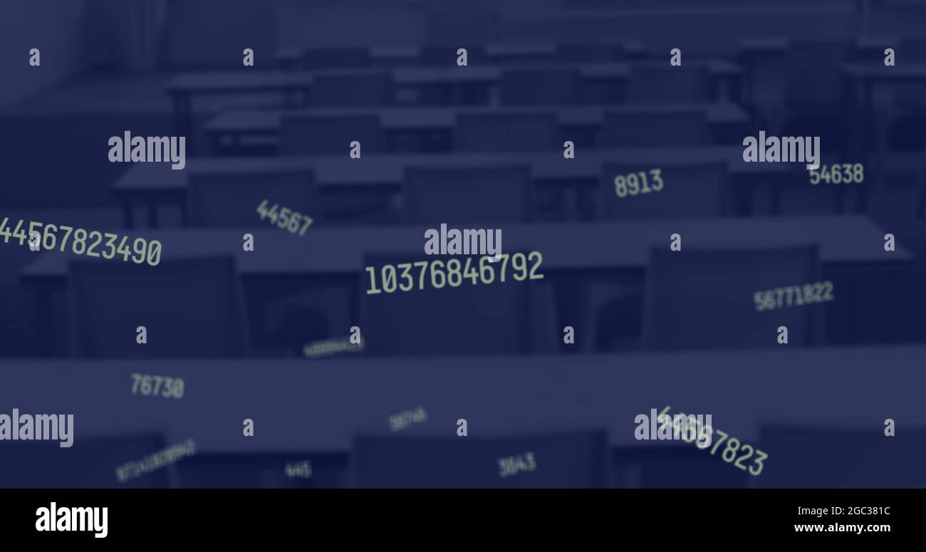 Digital composition of multiple changing numbers floating against empty classroom in background ...