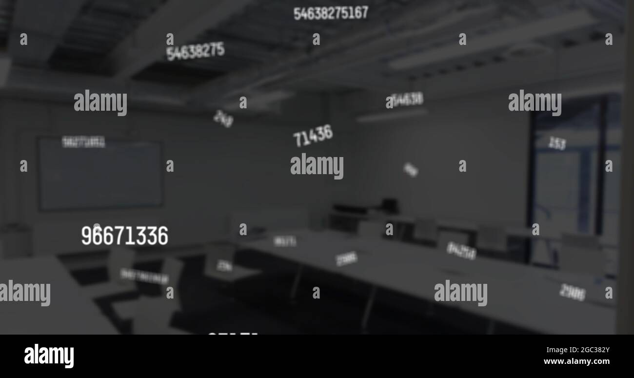 Digital composition of multiple changing numbers floating against empty office in background ...