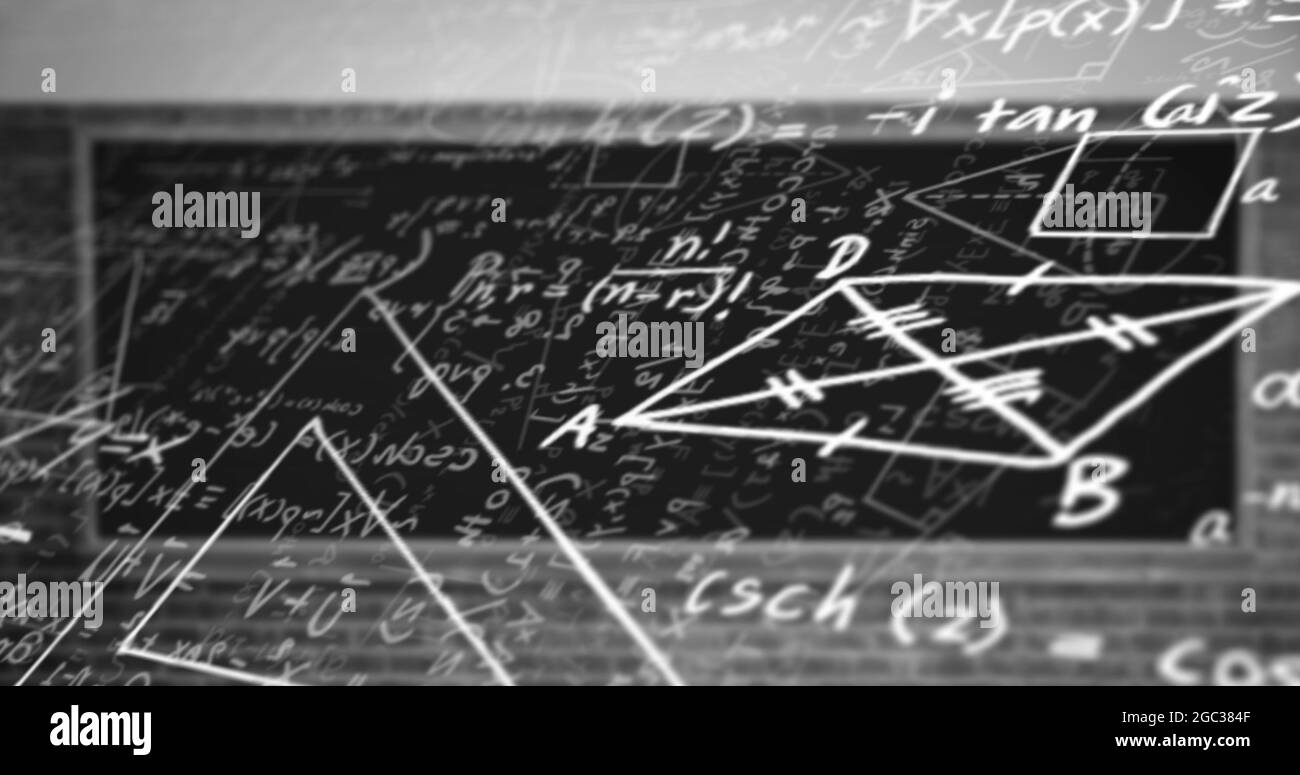 Digital image of mathematical equations and diagrams floating against ...