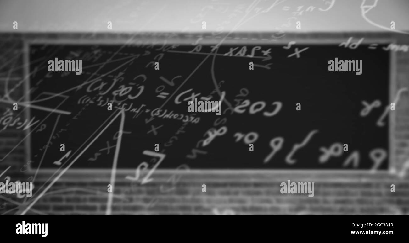 Digital image of mathematical equations and diagrams floating against ...