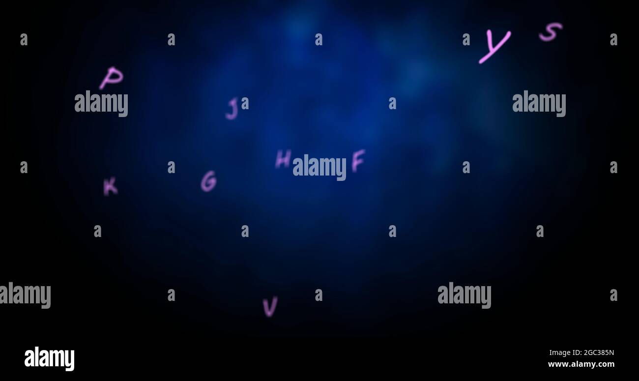 Digital image of multiple purple alphabets floating over glowing blue ...