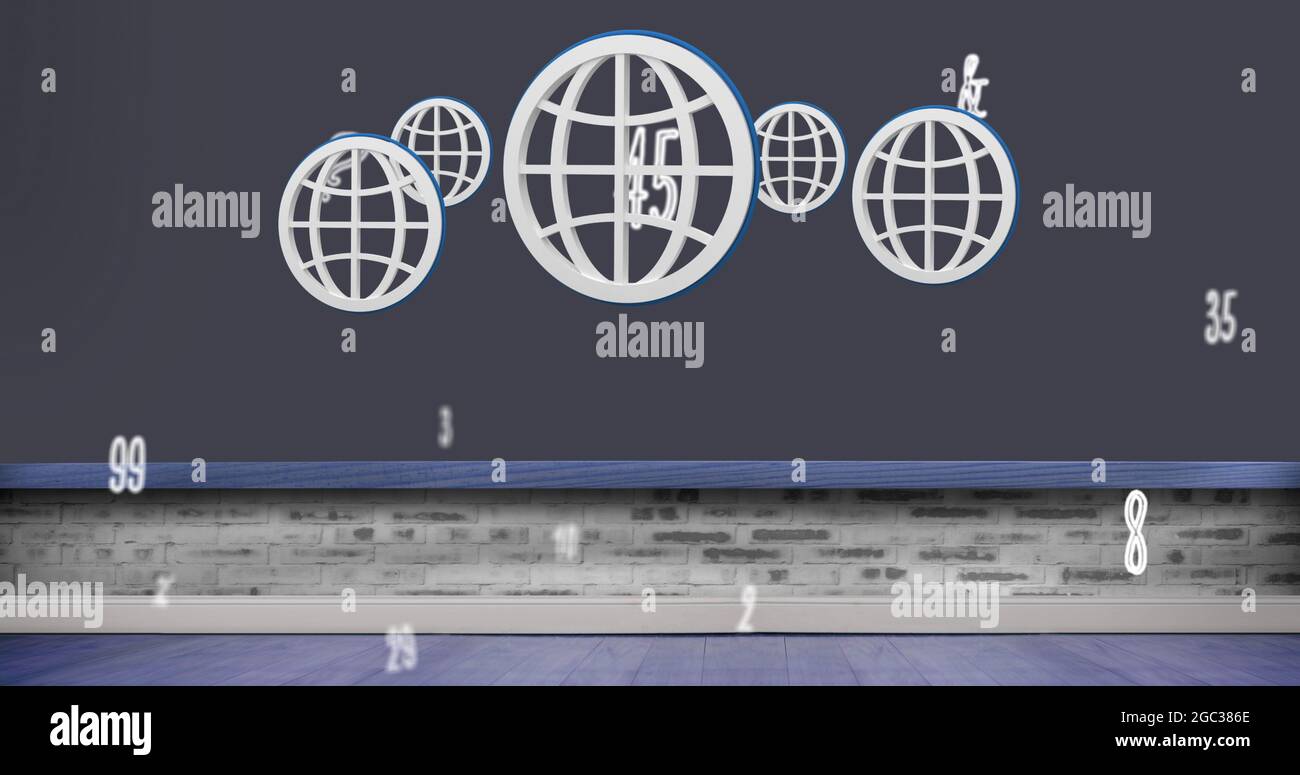 Digital image of multiple numbers and web icons floating against grey ...