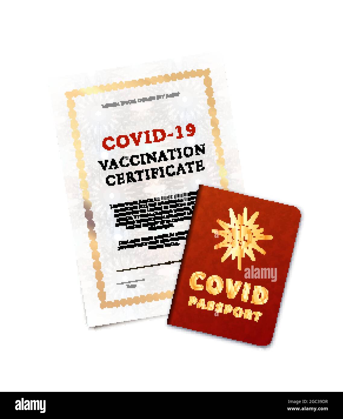 COVID-19 vaccination certificate and passport on white Stock Vector ...