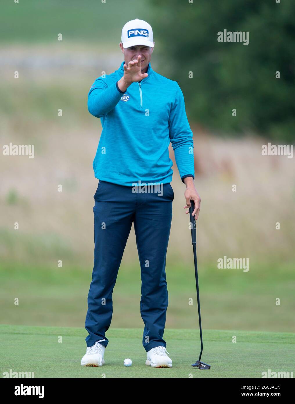 Scotland's Calum Hill lines up a putt on the 1st green during day two ...