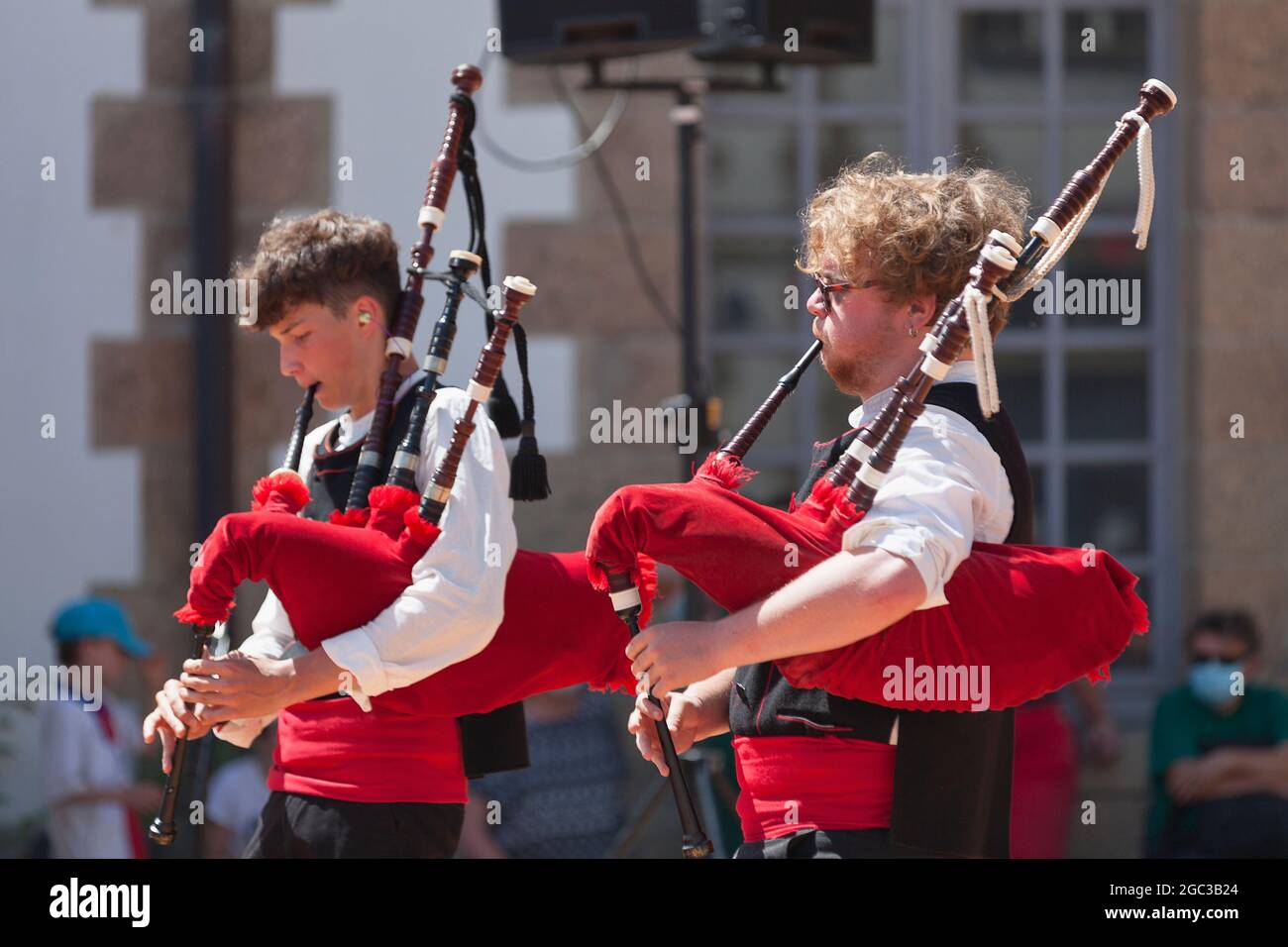 Morlaix, France - July 18 2021: Two Breton musicians in traditional ...