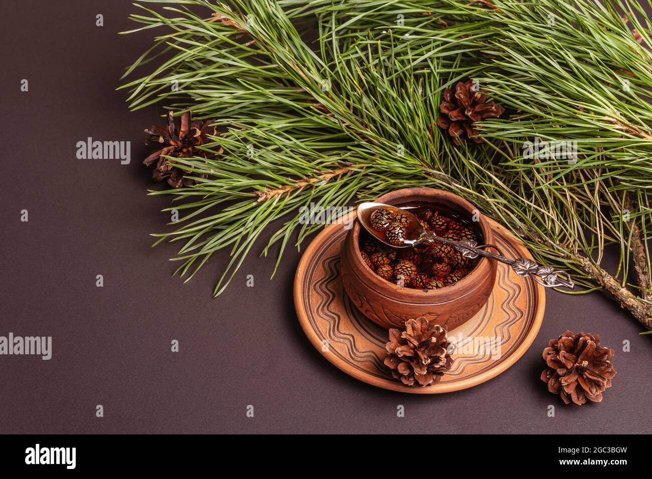 Sweet pine cone jam. Traditional Siberian dessert, fresh evergreen ...