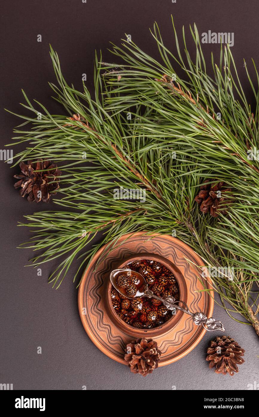 Sweet pine cone jam. Traditional Siberian dessert, fresh evergreen ...