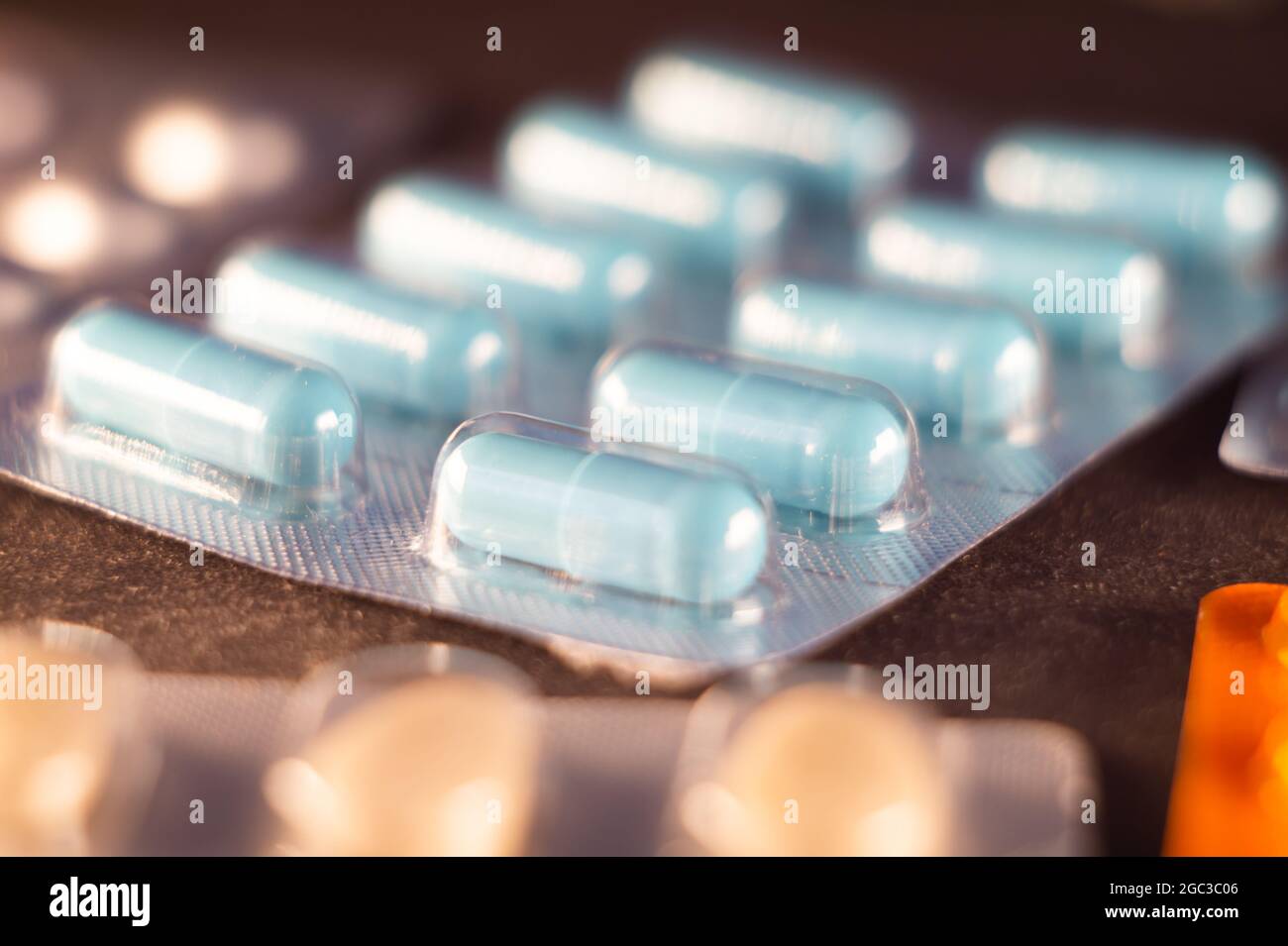 Closeup shot of blue pharmaceutical capsules Stock Photo - Alamy