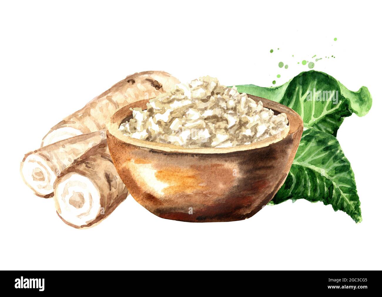 Horseradish root with leaves and bowl with grated horseradish. Hand ...