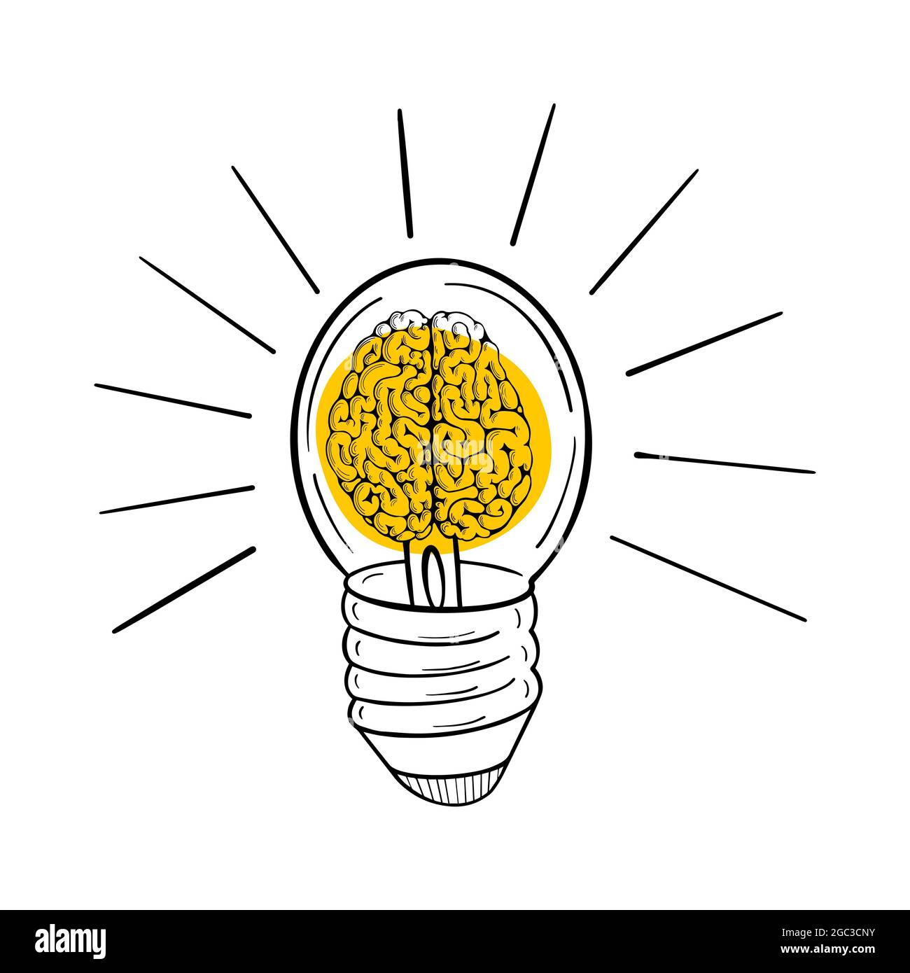 Brainstorm hand drawn concept. Doodle light bulb with brain inside ...