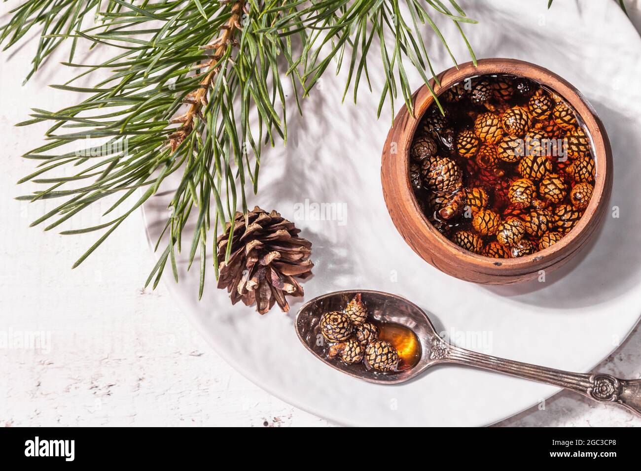 Sweet pine cone jam. Traditional Siberian dessert, fresh evergreen ...