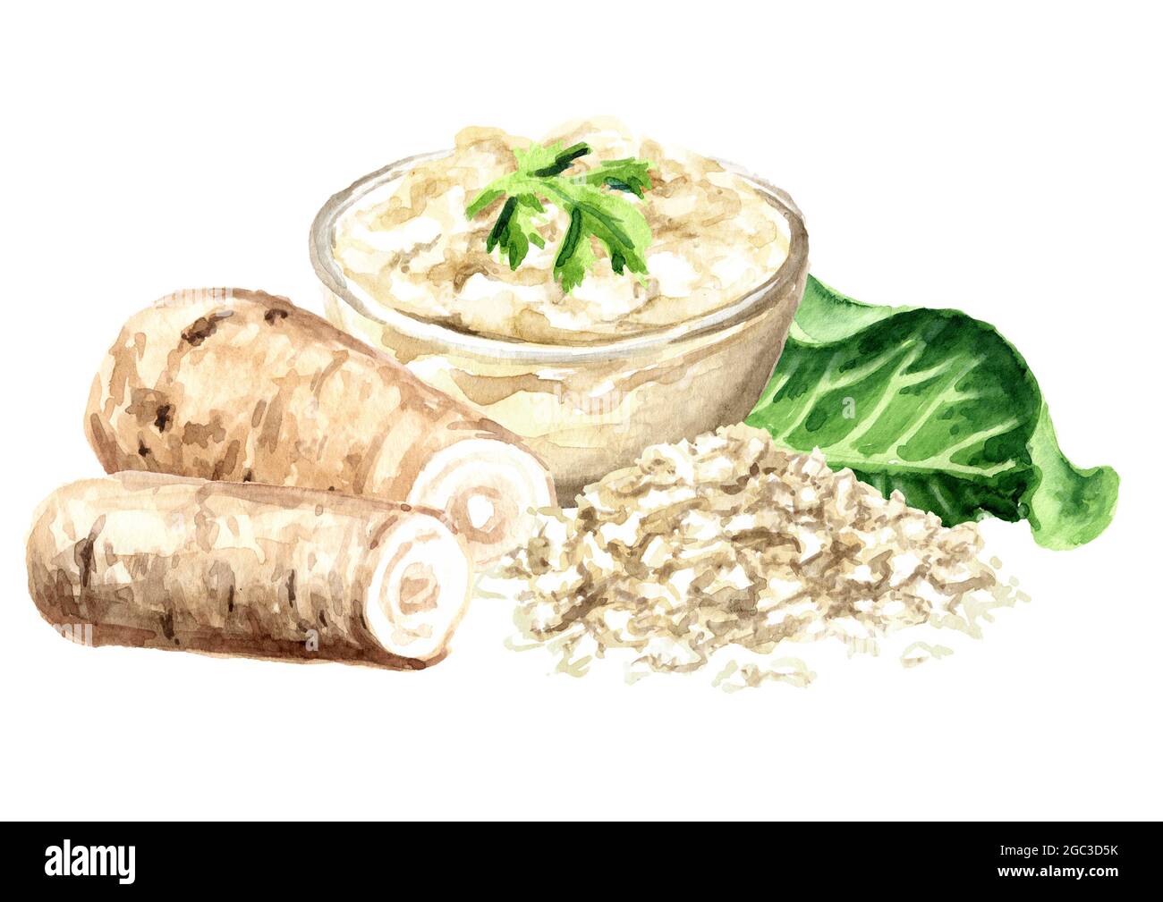 Horseradish sauce in the bowl, root, leaves and grated horseradish ...