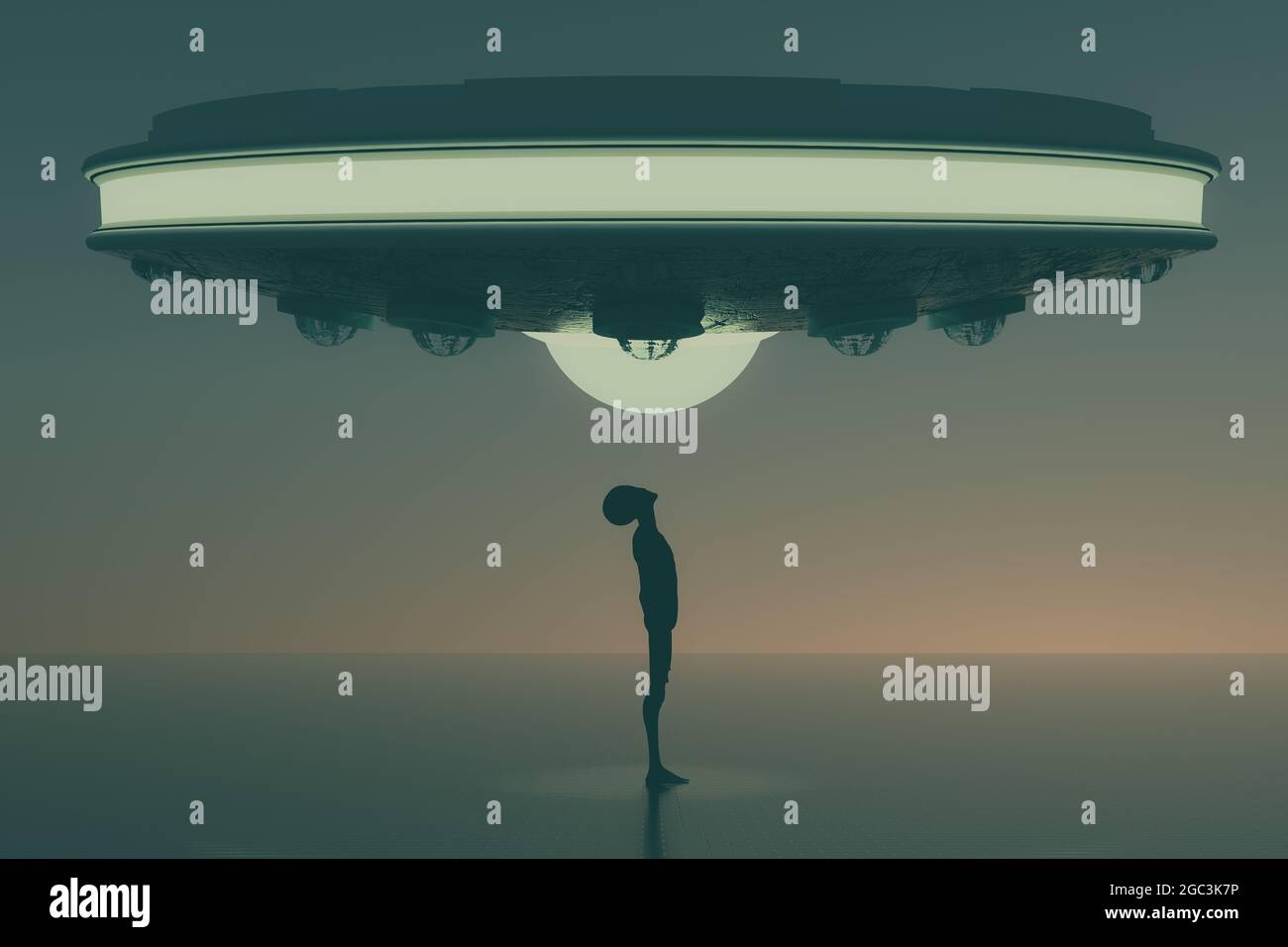 Alien looking up at the UFO Stock Photo - Alamy
