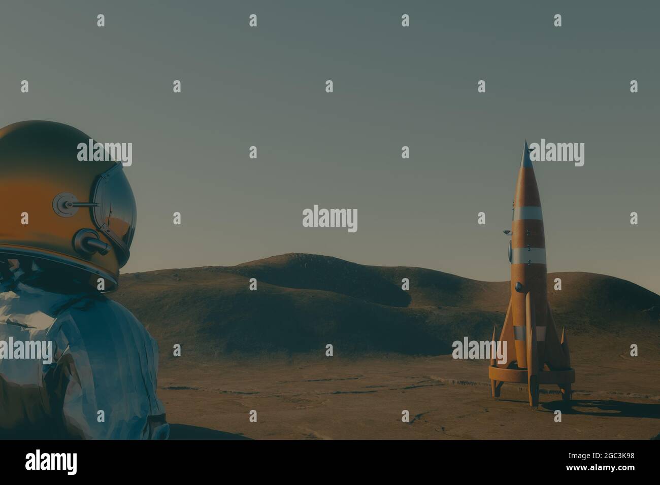 Astronaut in the spacesuit looking at the rock Stock Photo - Alamy