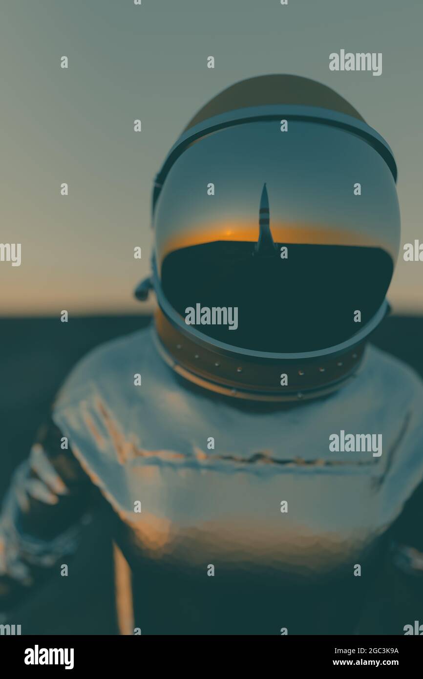 Astronaut in the spacesuit with the reflection of a rocket in the ...