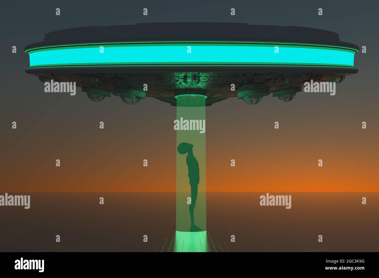 Alien looking up at the UFO Stock Photo - Alamy