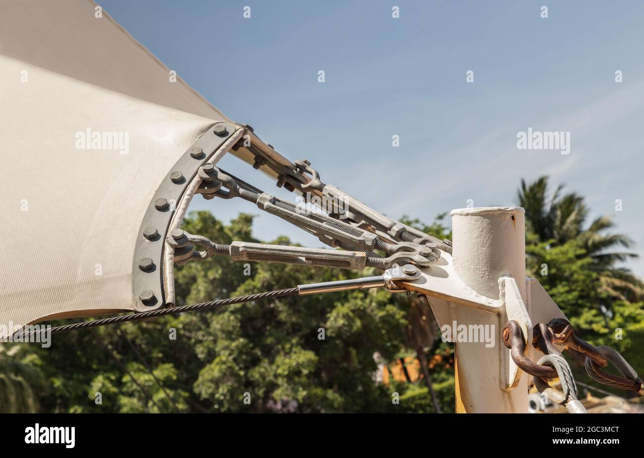 Connection points of tension membrane roof. Turnbuckle wire rope ...