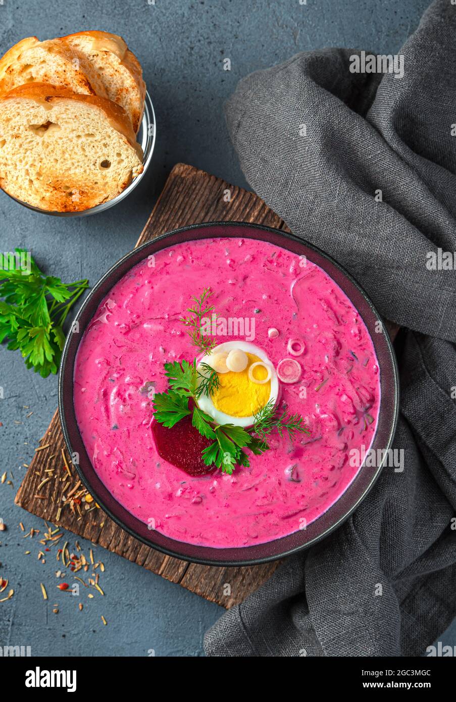 Healthy, chilled beetroot soup made from potatoes, beets, cucumbers ...