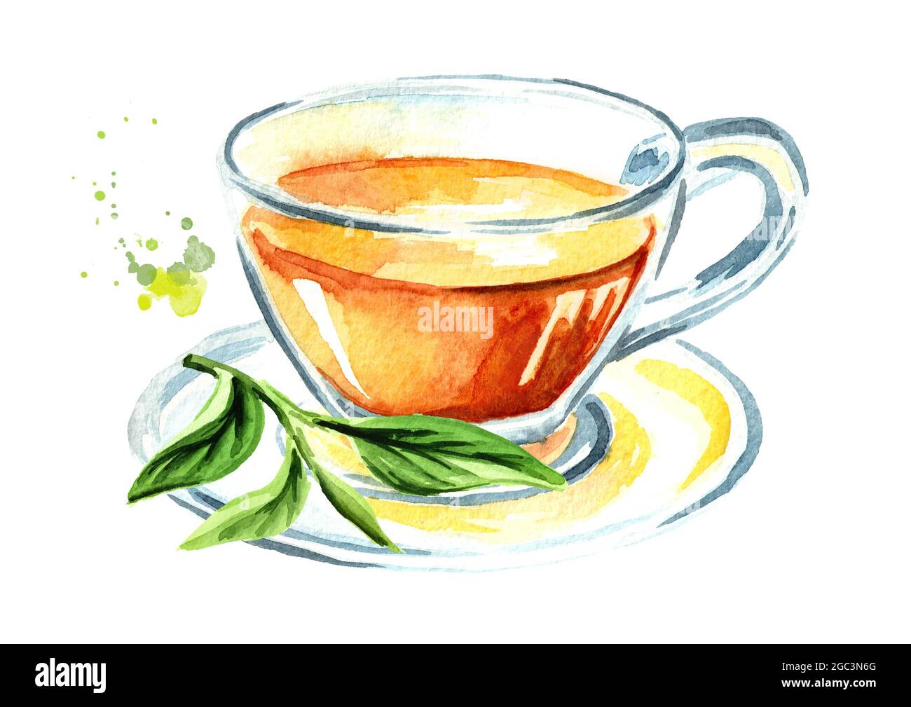 Cup with tea with green tea leaves. Watercolor hand drawn illustration ...