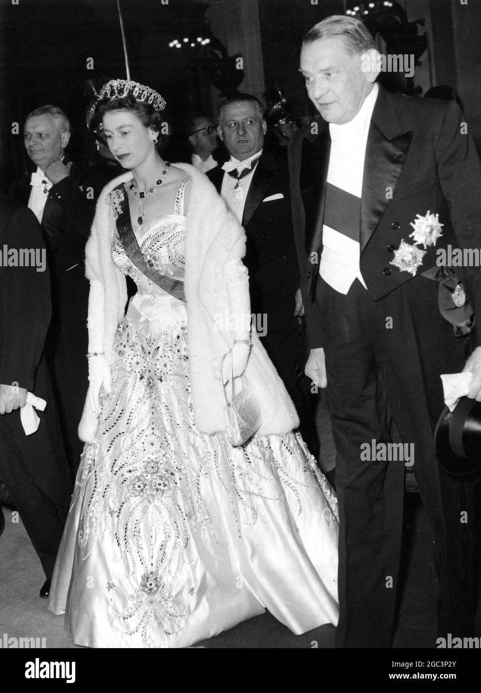 H M Queen Elizabeth II seen with M. Rene Coty , the French President ...