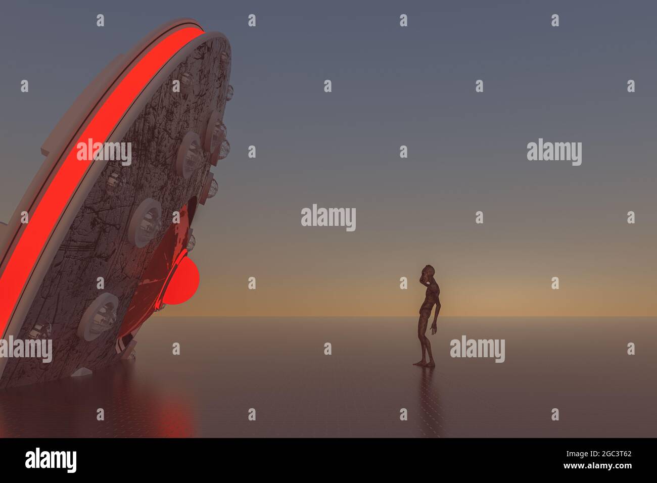 Alien looking at the broken UFO Stock Photo - Alamy