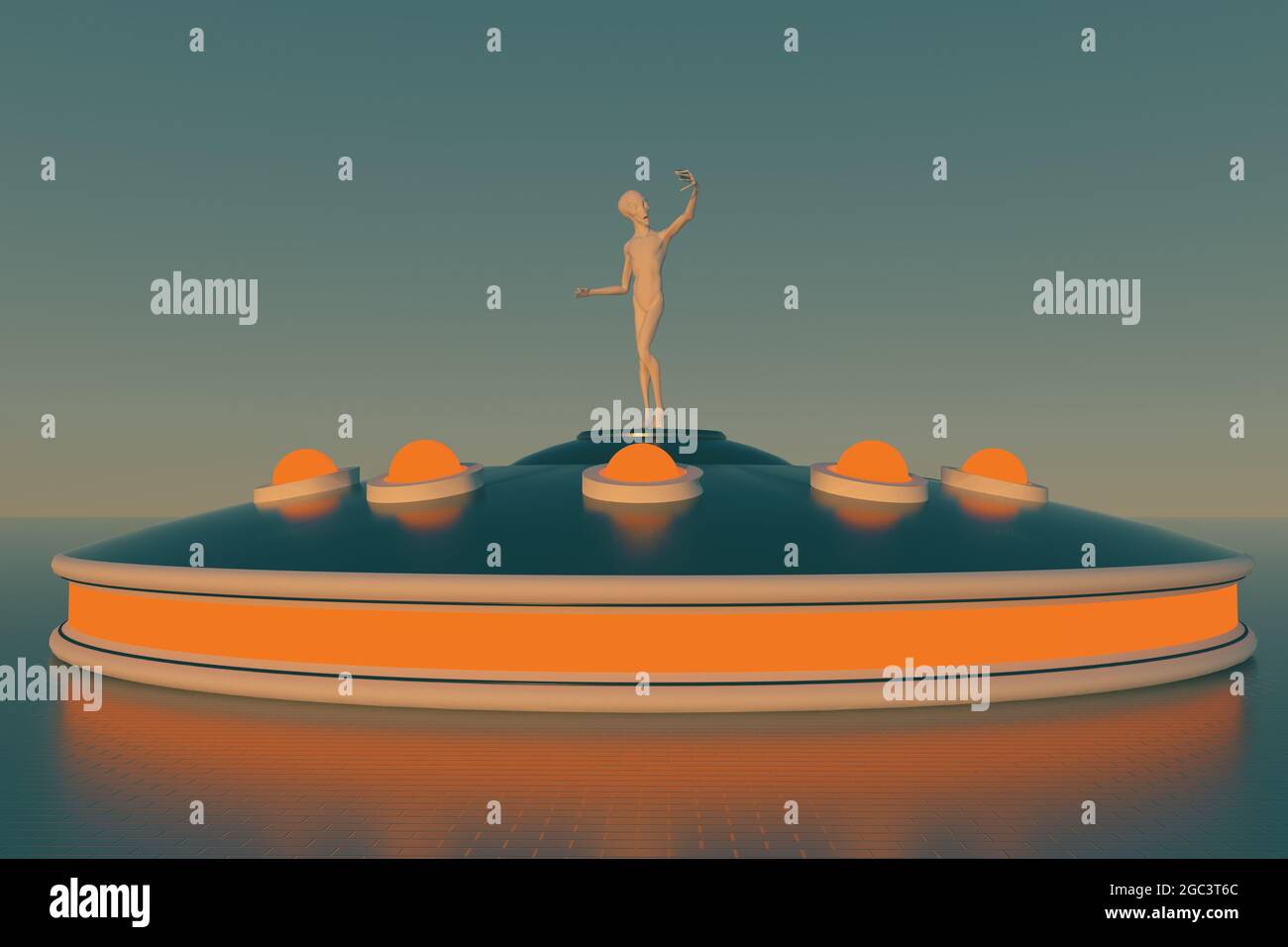 Alien standing on the UFO Stock Photo - Alamy