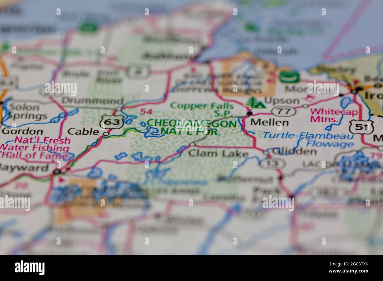 Chequamegon National Forest Wisconsin USA shown on a road map or ...