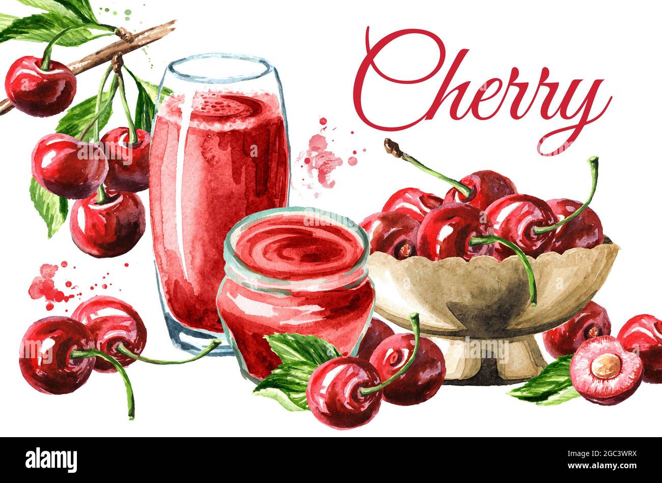 Ripe cherry card. Watercolor hand drawn illustration, isolated on white ...