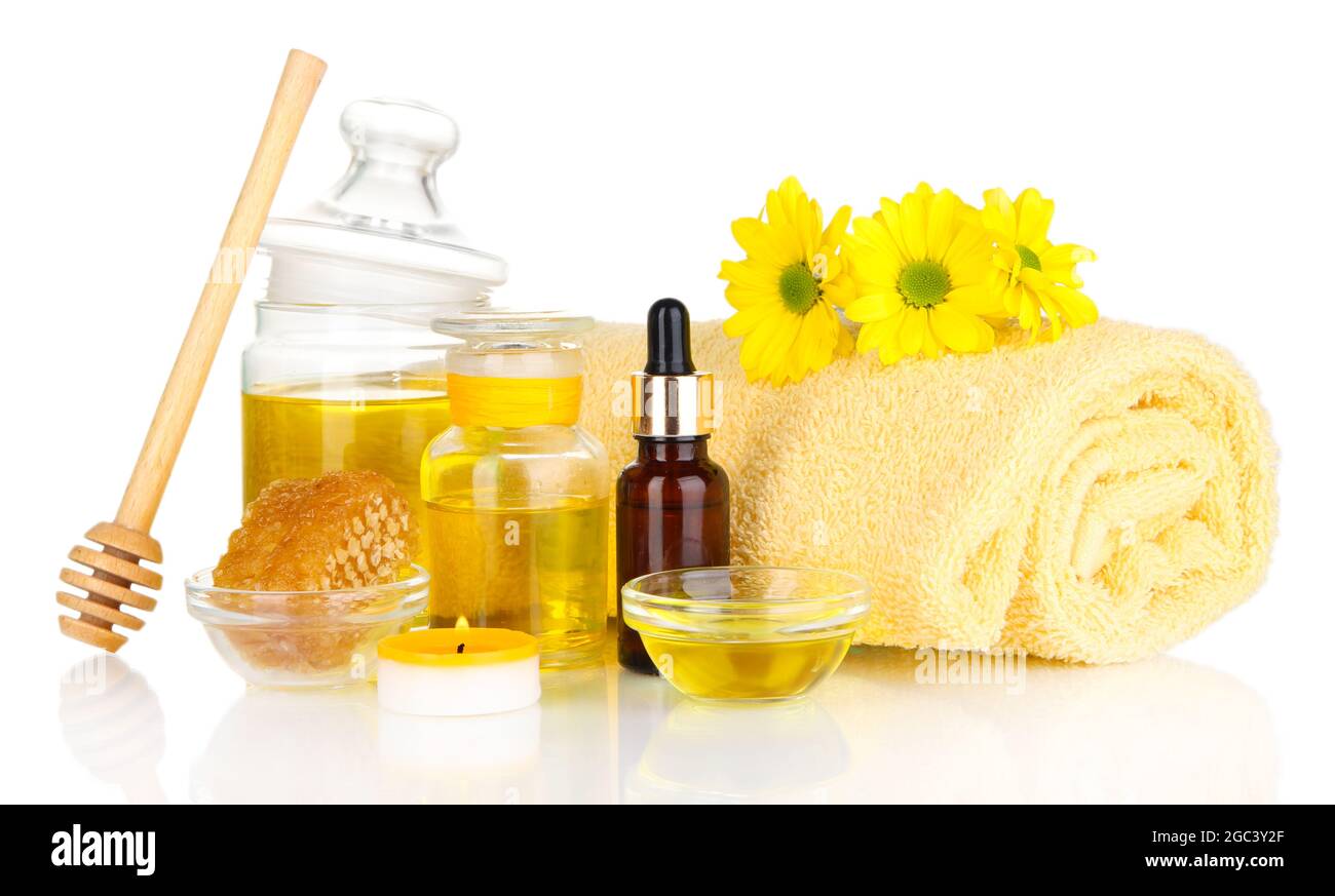 Fragrant honey spa with oils and honey isolated on white Stock Photo ...