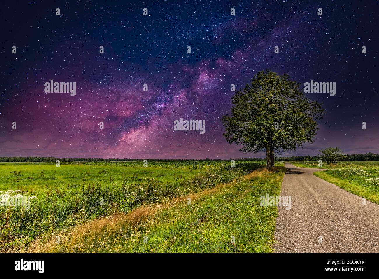 Nightly flat Dutch landscape stream valley of the river Rolderdiep at ...