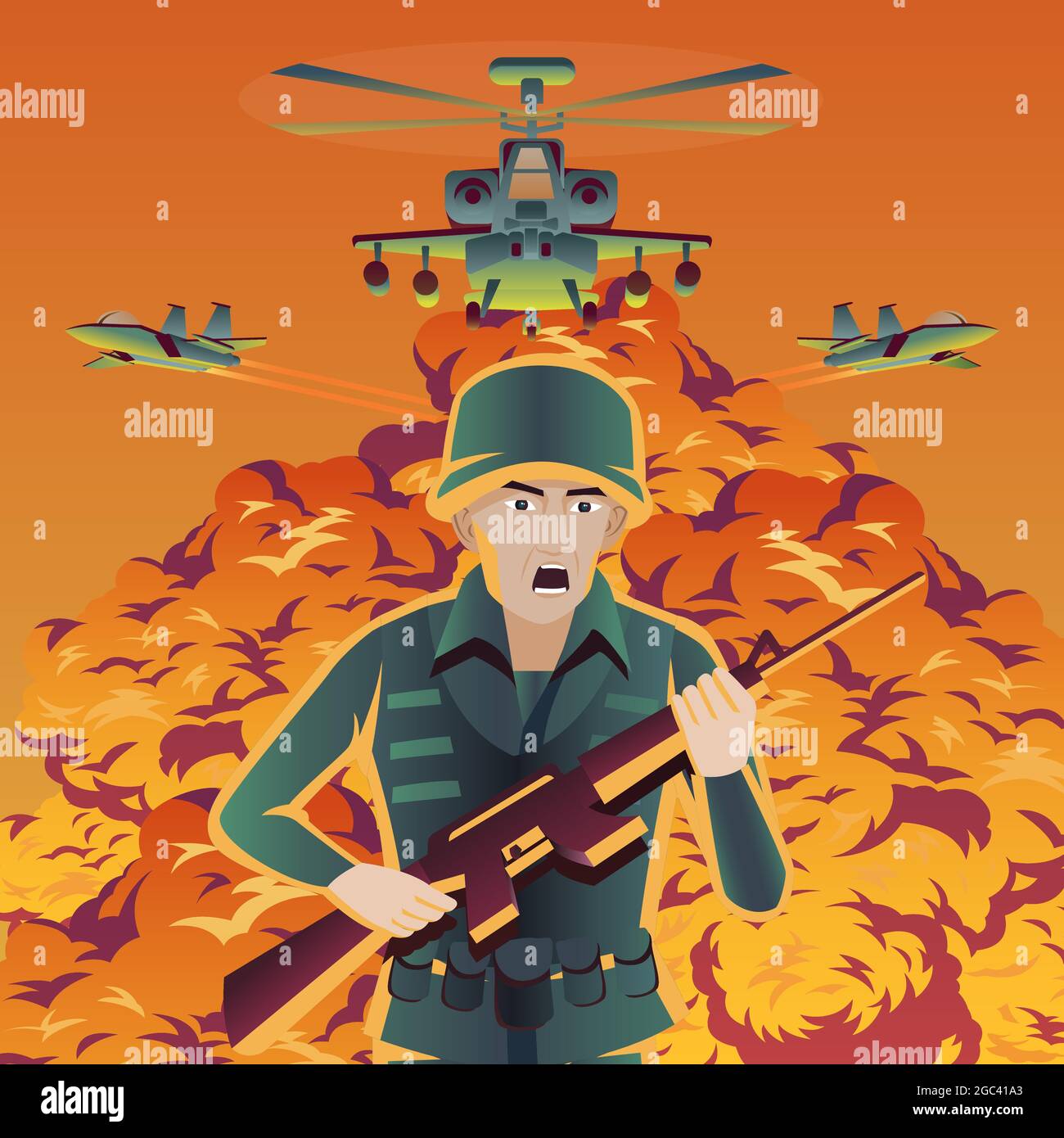 Cartoon design of soldier escape bomb while helicopter and fight ...