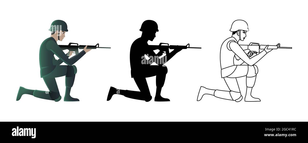 set of soldier shooting gun in three styles,vector illustration Stock ...