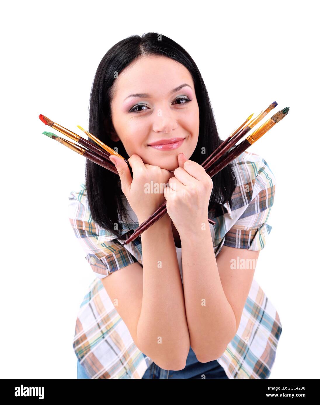 beautiful-young-woman-painter-with-brushes-isolated-on-white-stock