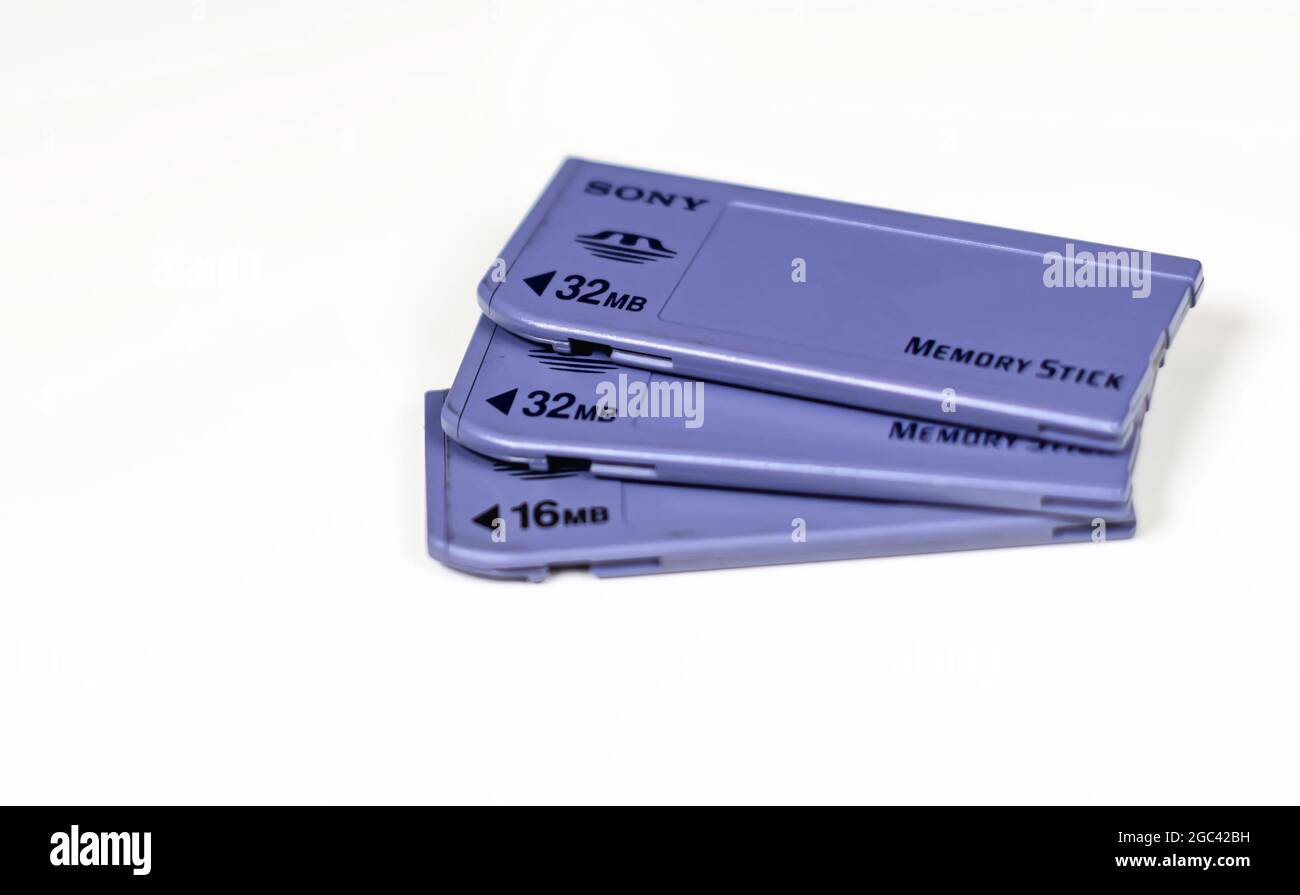 Rome, Italy, August 2021: three Sony Memory Stick cards of different ...