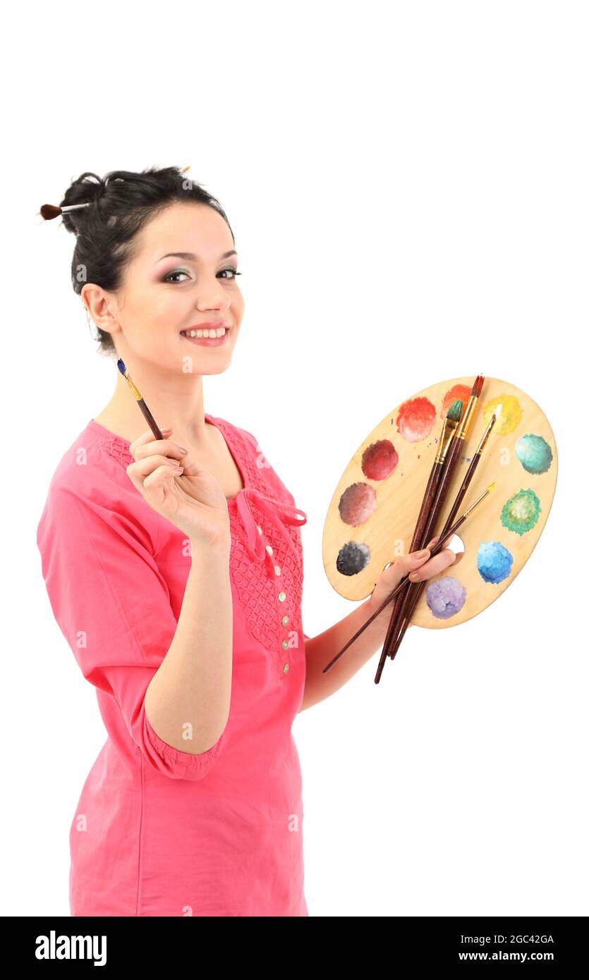 Beautiful young woman painter with brushes and palette, isolated on ...