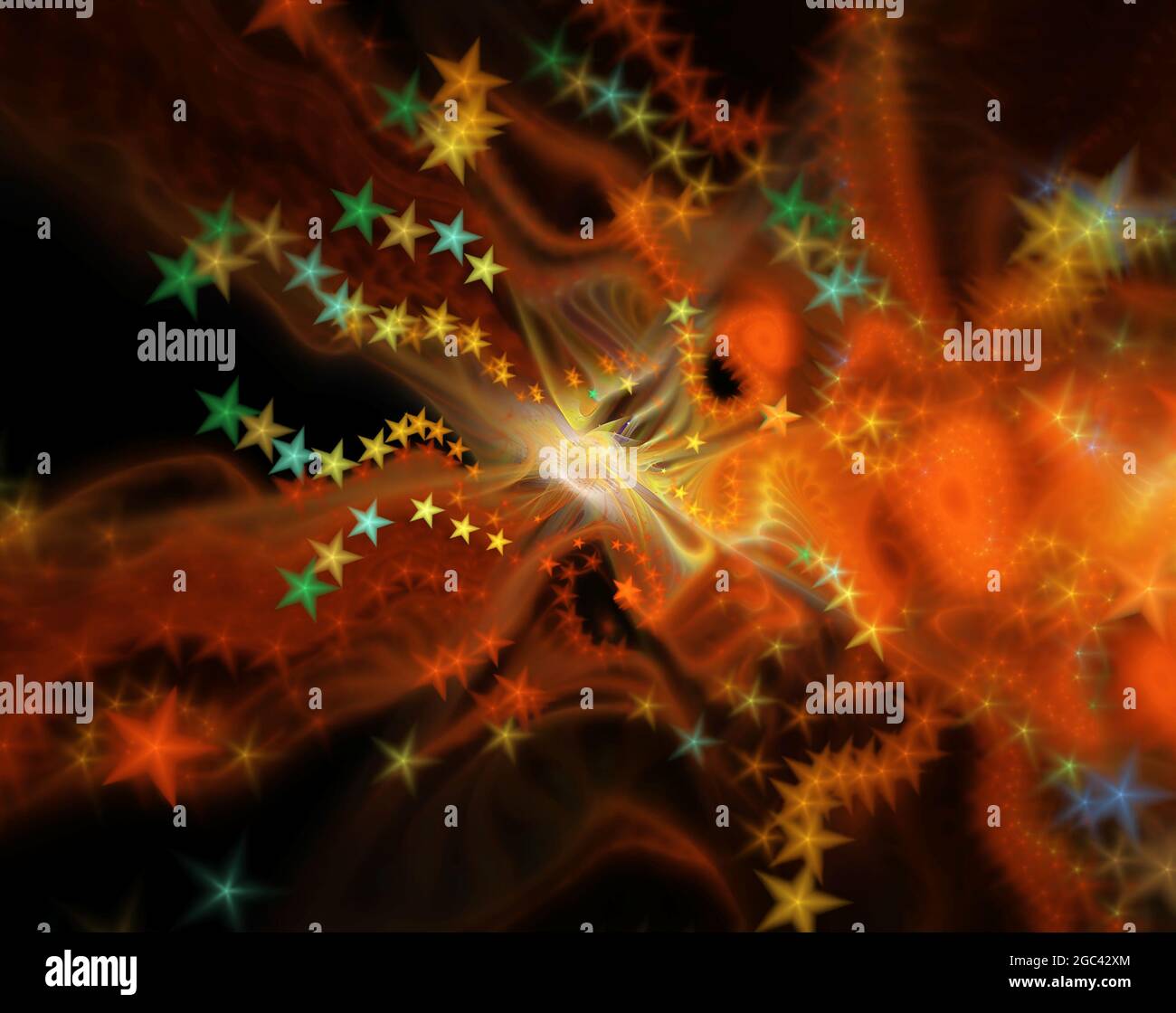 Abstract digital illustration of a colorful explosion of stars on black ...