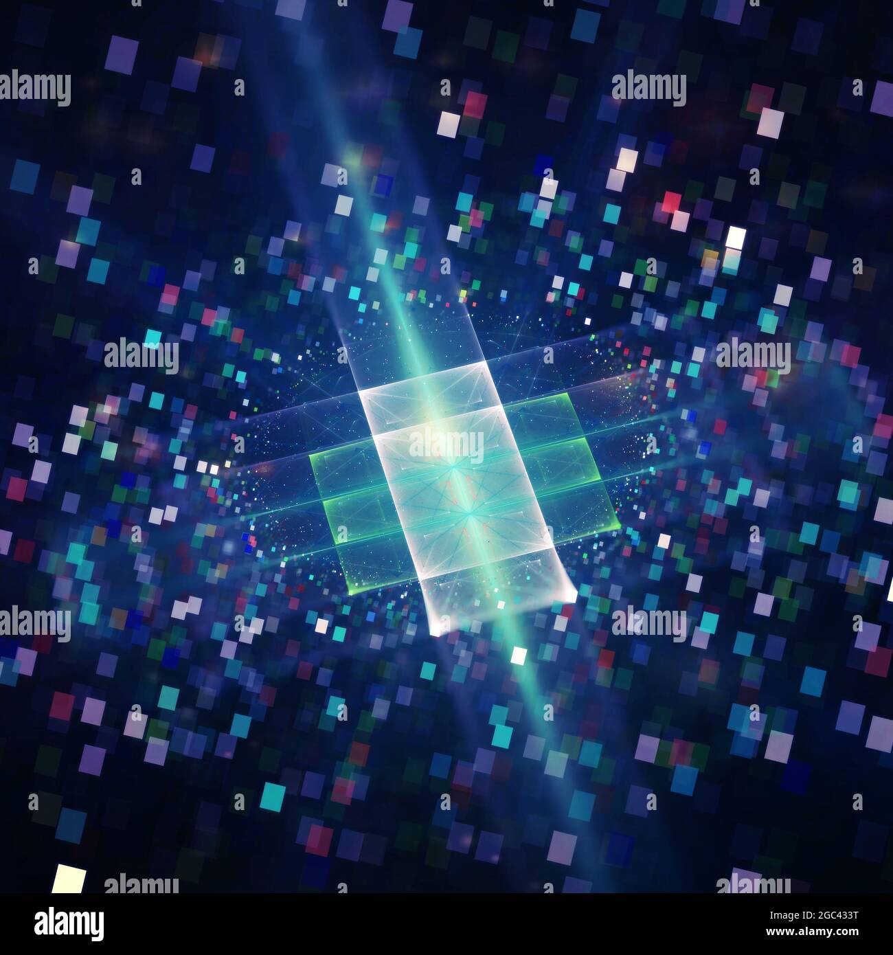 Abstract digital illustration of rectangle platform surrounded by pixel ...