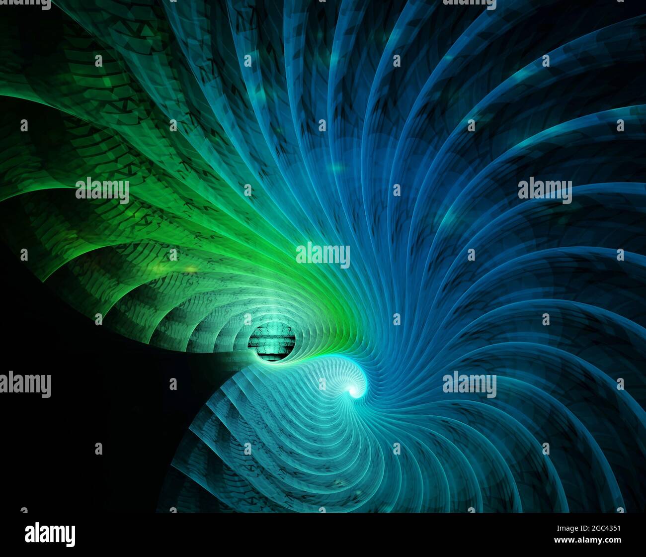 Abstract digital illustration of green and blue vortex pattern on black ...