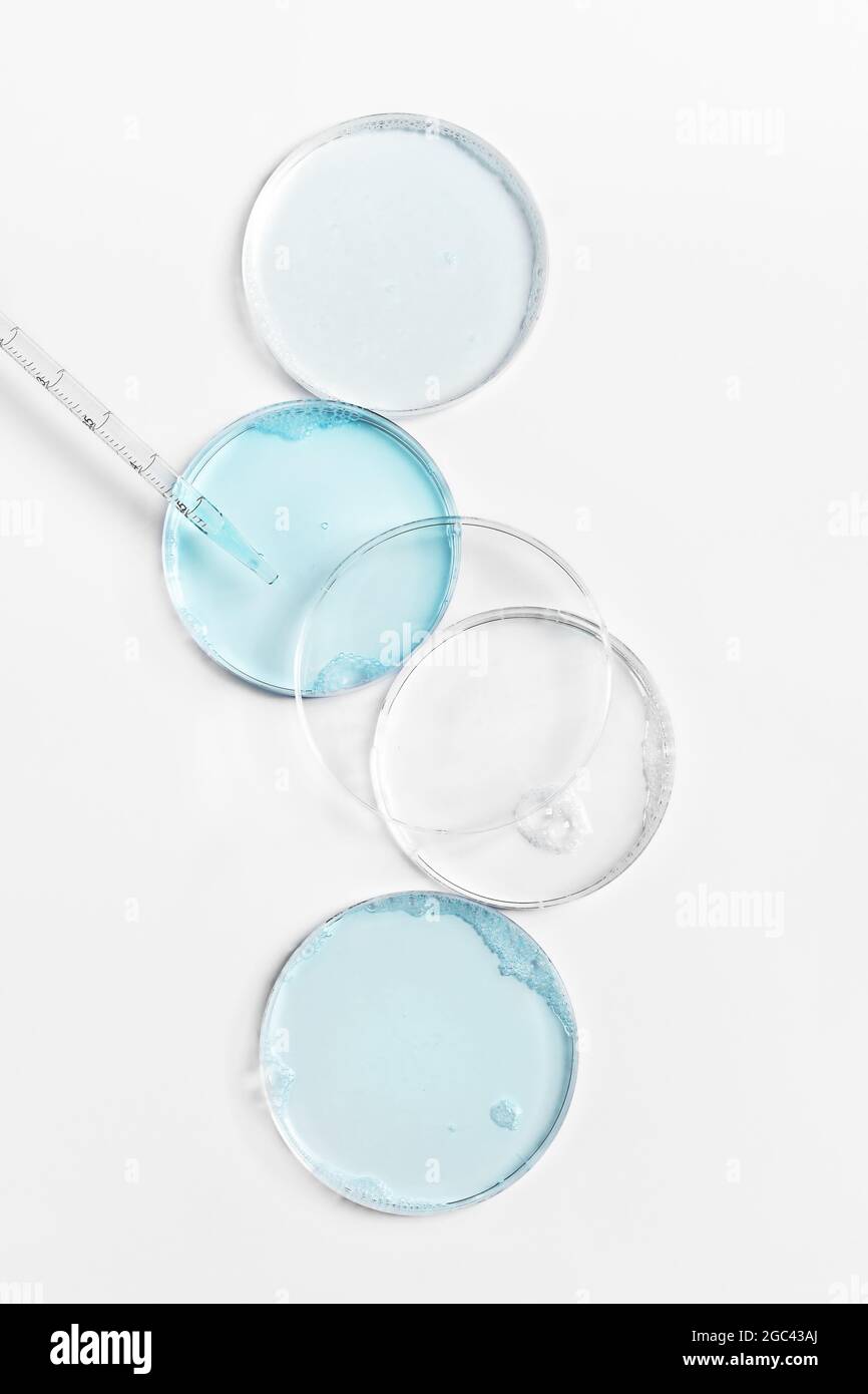 Abstract petri dishes with cosmetic on white background top view ...