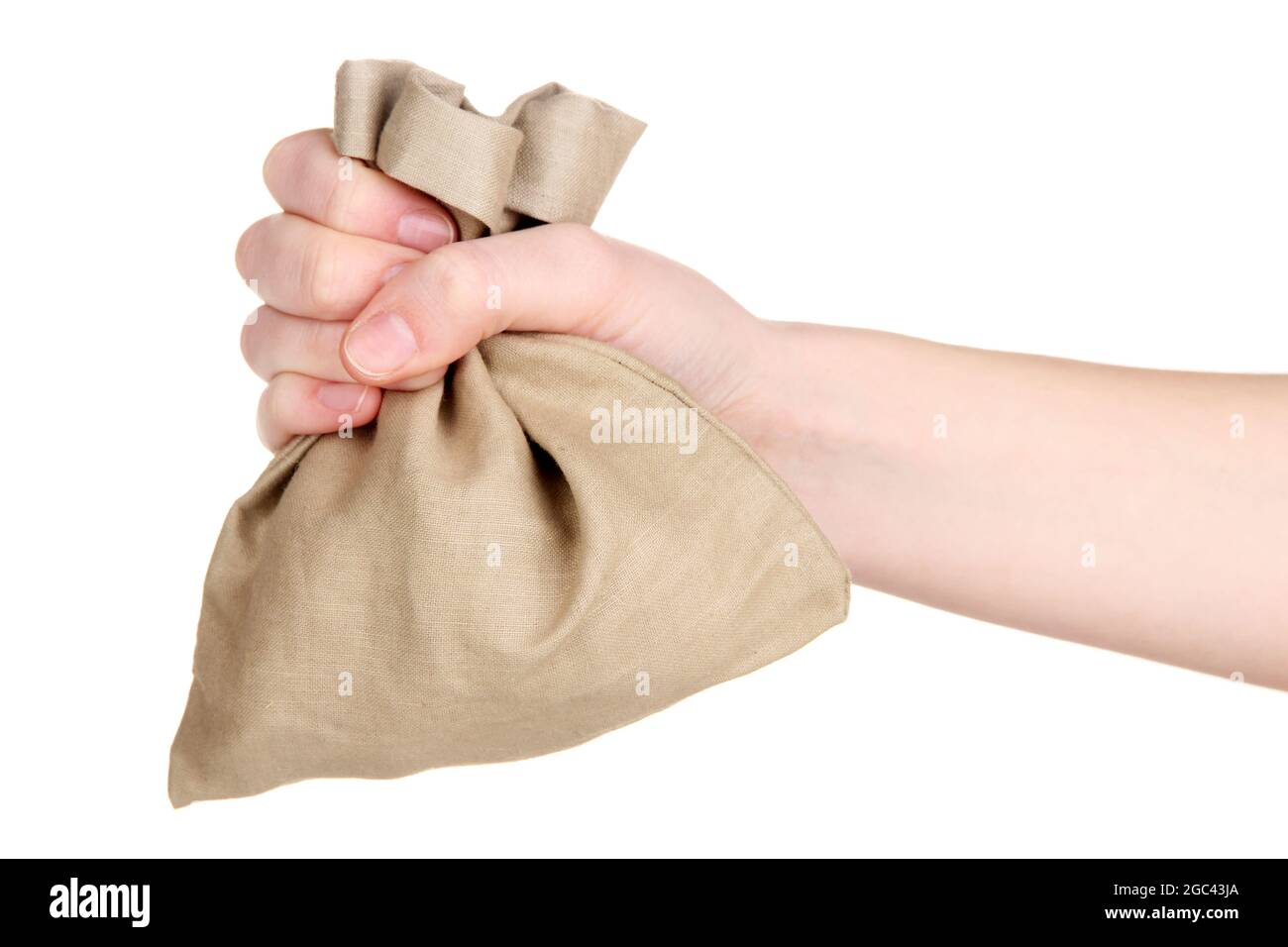 Small sack in hand, isolated on white Stock Photo - Alamy
