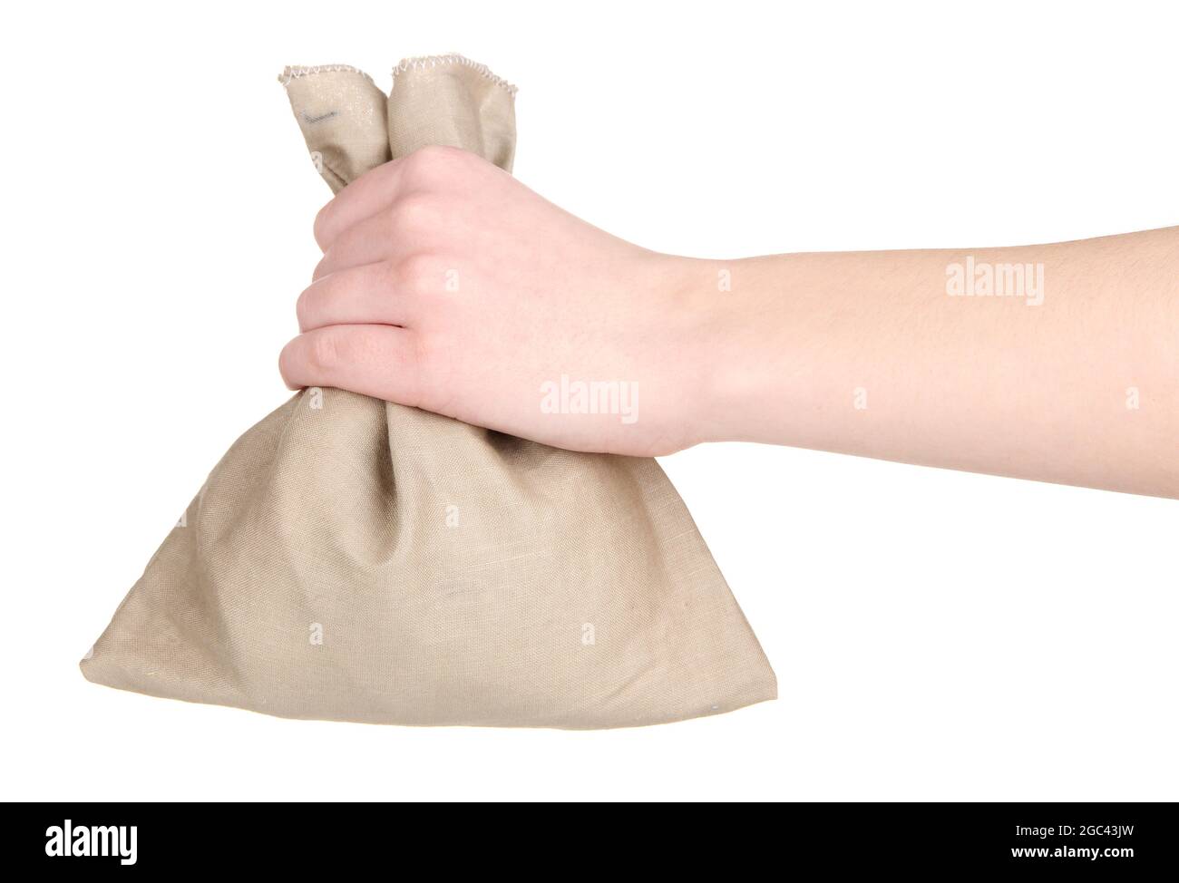 Small sack in hand, isolated on white Stock Photo - Alamy