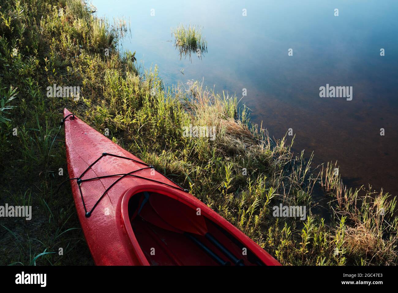 An empty red kayak by the water, on the green shore bathed in the dawn ...
